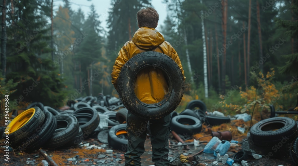 Foto de Boy amidst tire pollution in forest. A solitary figure ...