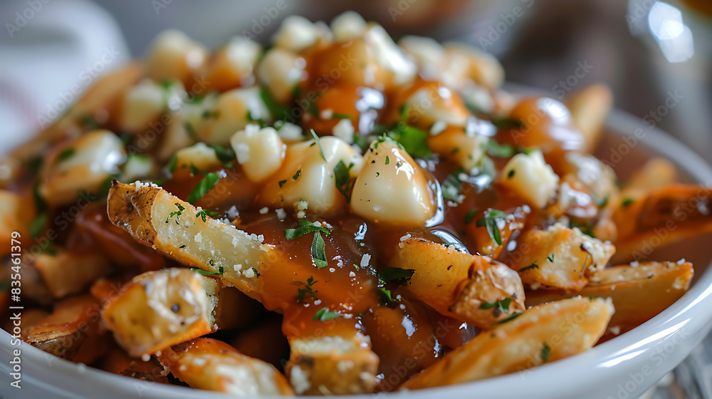 a close-up of a serving of poutine. Poutine is a popular Canadian dish ...