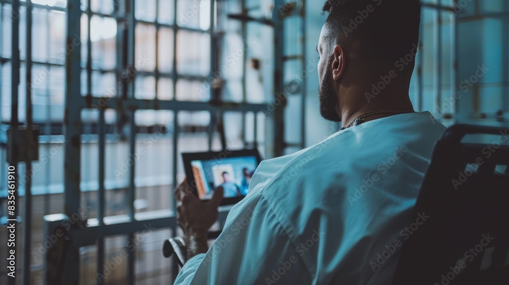 Male inmate in prison cell looking at family photos while serving ...
