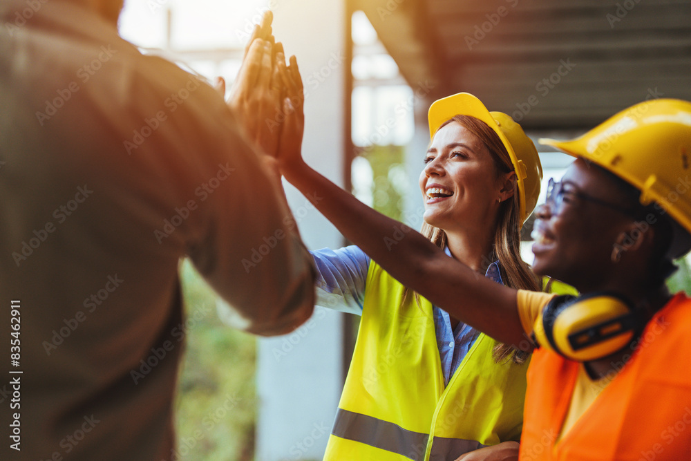 Joyful multi-ethnic construction workers in safety gear high-fiving on ...