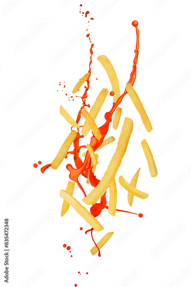 Splash of ketchup, mustard and french fries on transparent background ...