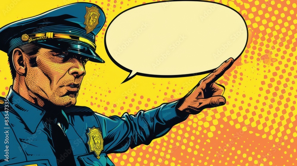 Vector illustration of police officer with hand gesture. Comic book ...