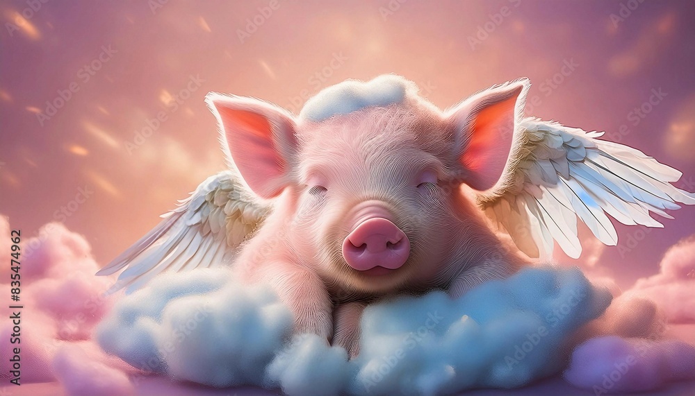 Adorable Piglet with Angel Wings Sleeping on Fluffy Clouds – Dreamy ...