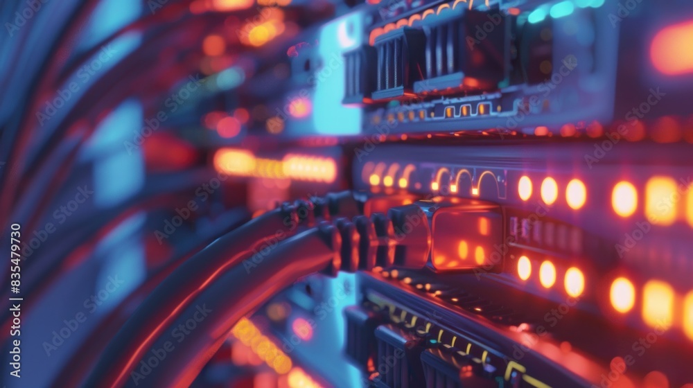 ethernet cables plugged into a server rack with glowing light Stock Illustration | Adobe Stock