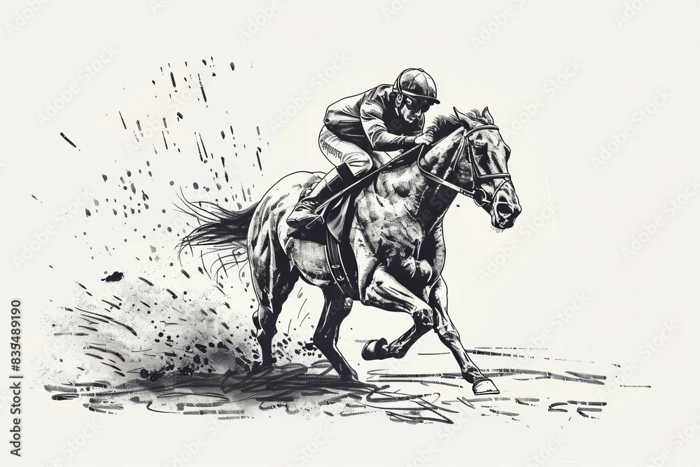 energetic horse racing sketch in black ink on white background ...