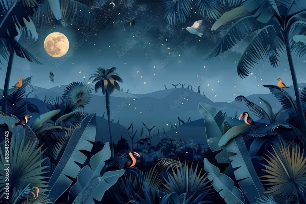 exotic night jungle wallpaper with tropical palm trees banana leaves ...