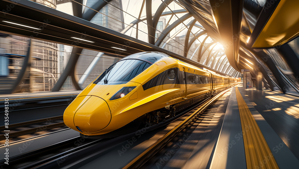 The high speed yellow train rushes through the city by rail, Urban rail ...