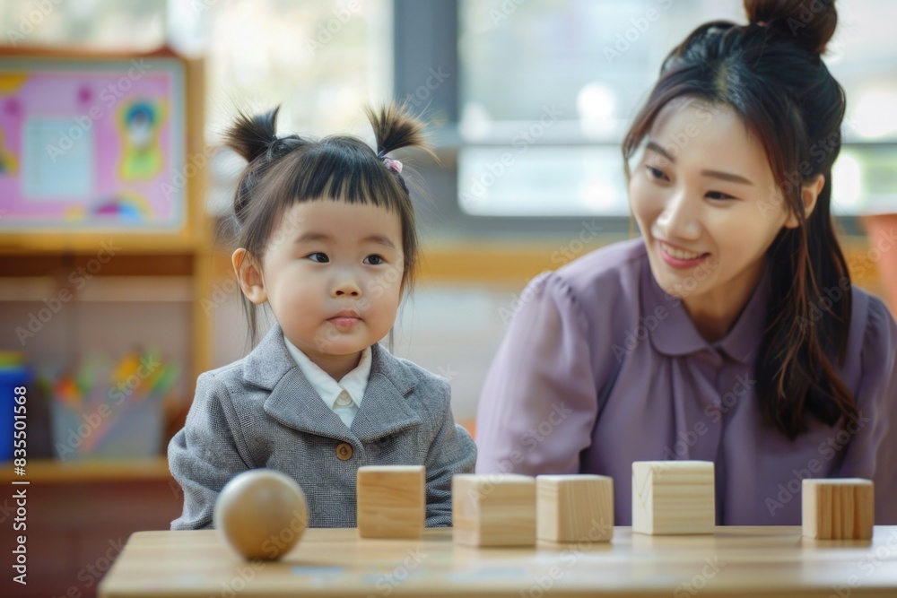 Child Girl In Kindergarten Plays Educational Game With Wooden Toy Cubes child-girl-in-kindergarten-plays-educational-game-with-wooden-toy-cubes