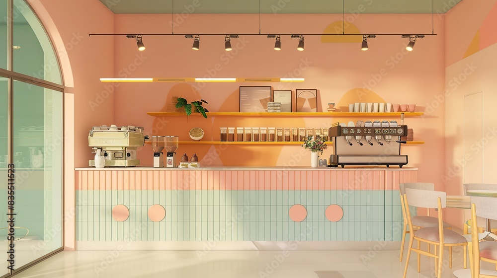 render cafe interior design in pastel minimal style, Front view of ...