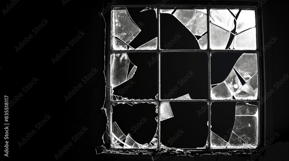 shattered broken glass house window with hole on black background, for ...