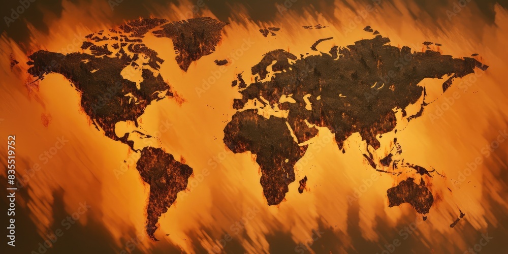 Fiery world map with glowing edges and smoky background, symbolizing ...