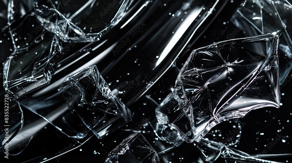 shattered broken glass shards pieces on black background, for overlay ...