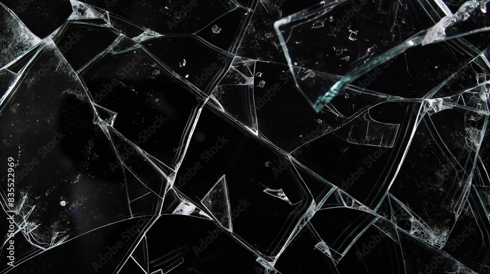 shattered broken glass shards pieces on black background, for overlay ...