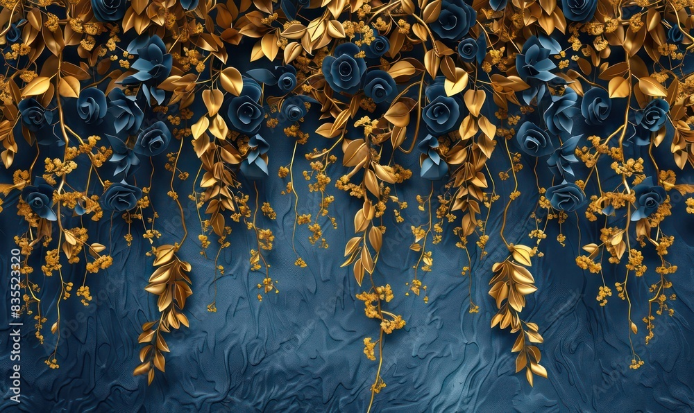 Elegant gold and royal blue floral tree with leaves and flowers hanging ...