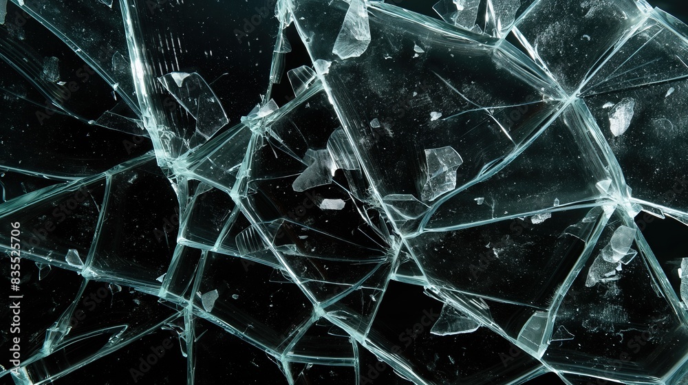 shattered broken glass car window on black background, for overlay and ...
