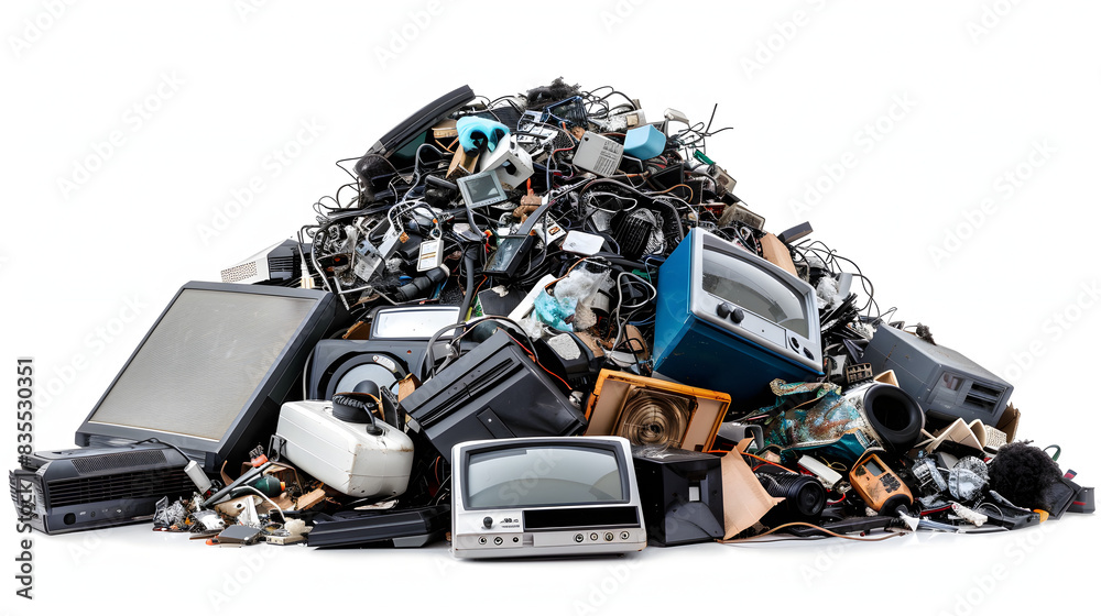 E-waste heap electronics computer garbage isolated on white background ...