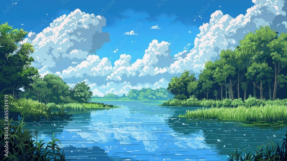 pixel art landscape featuring a serene lake surrounded by lush green ...