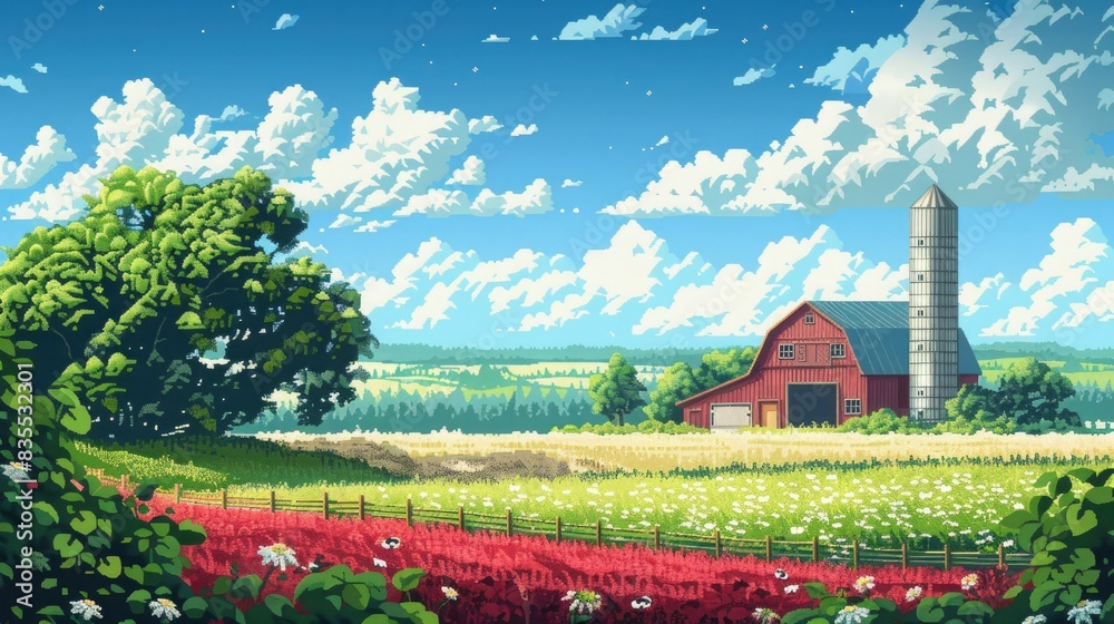 pixel art landscape featuring a red barn and fence surrounded by lush ...