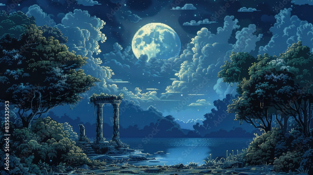 pixel art landscape featuring a serene lake surrounded by lush green ...