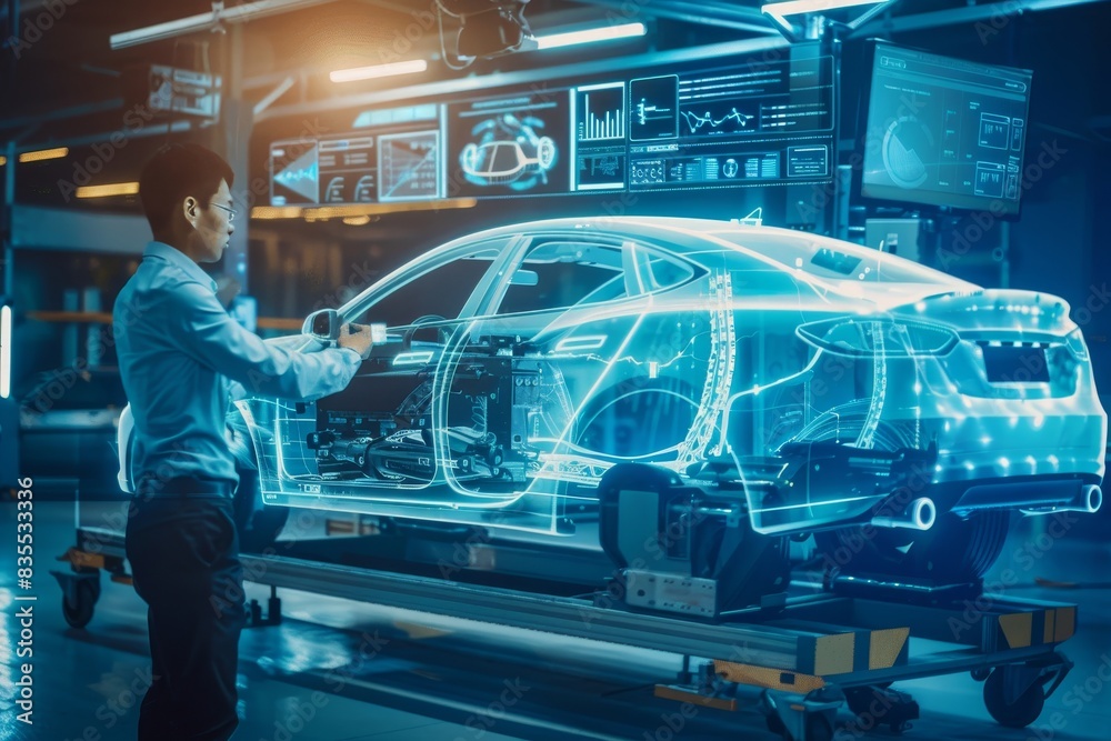 Automotive engineer on futuristic assembly line using advanced ...