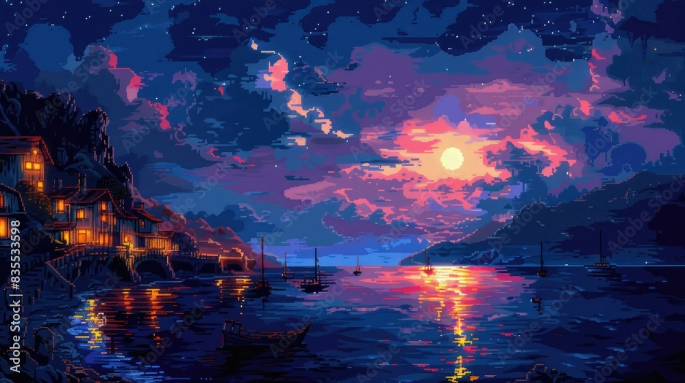 pixel art landscape of a serene lake at night featuring a small boat on ...
