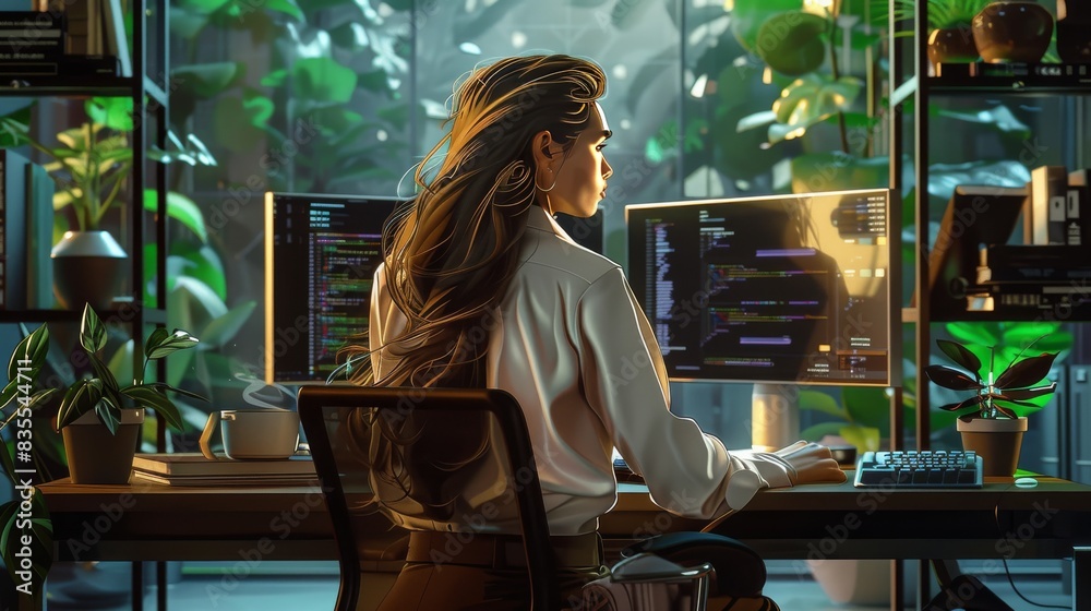 in a high tech office , a business woman sits, working at computer ...