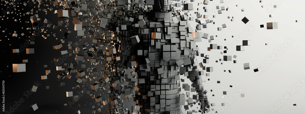 Amidst a cubist matrix of 3D digital pixels, the indistinct form of a ...