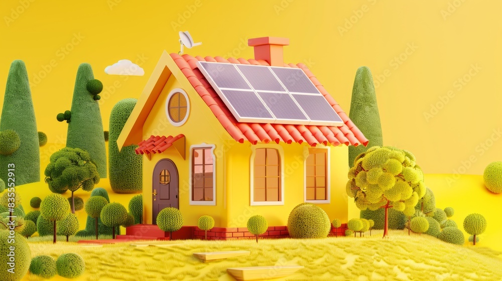 cartoon 3D energy-efficient house with solar rooftop colorful ...