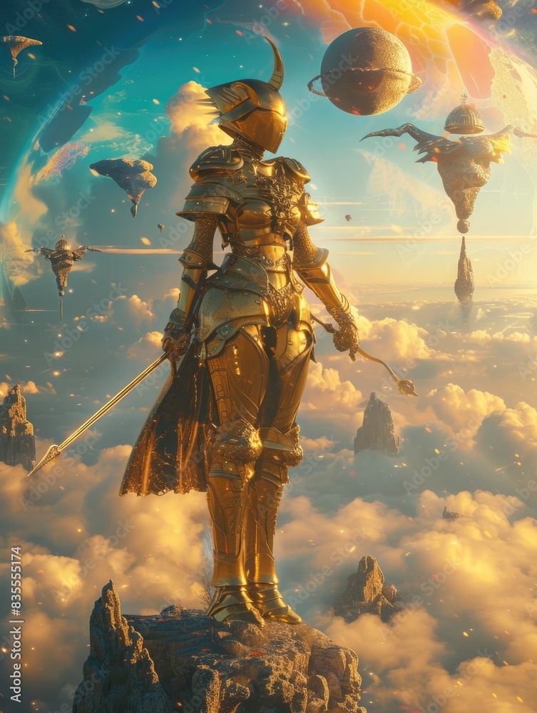 Resplendent woman knight in golden armor, weapon pointed downward ...