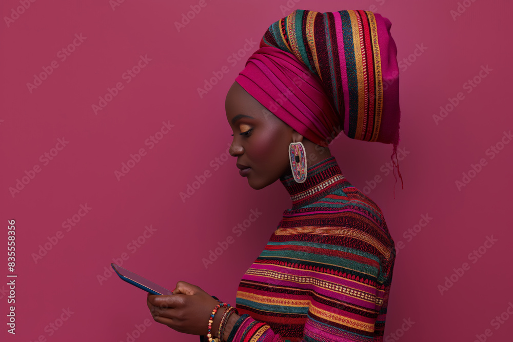 Elegant African woman in traditional attire using a smartphone. A side ...