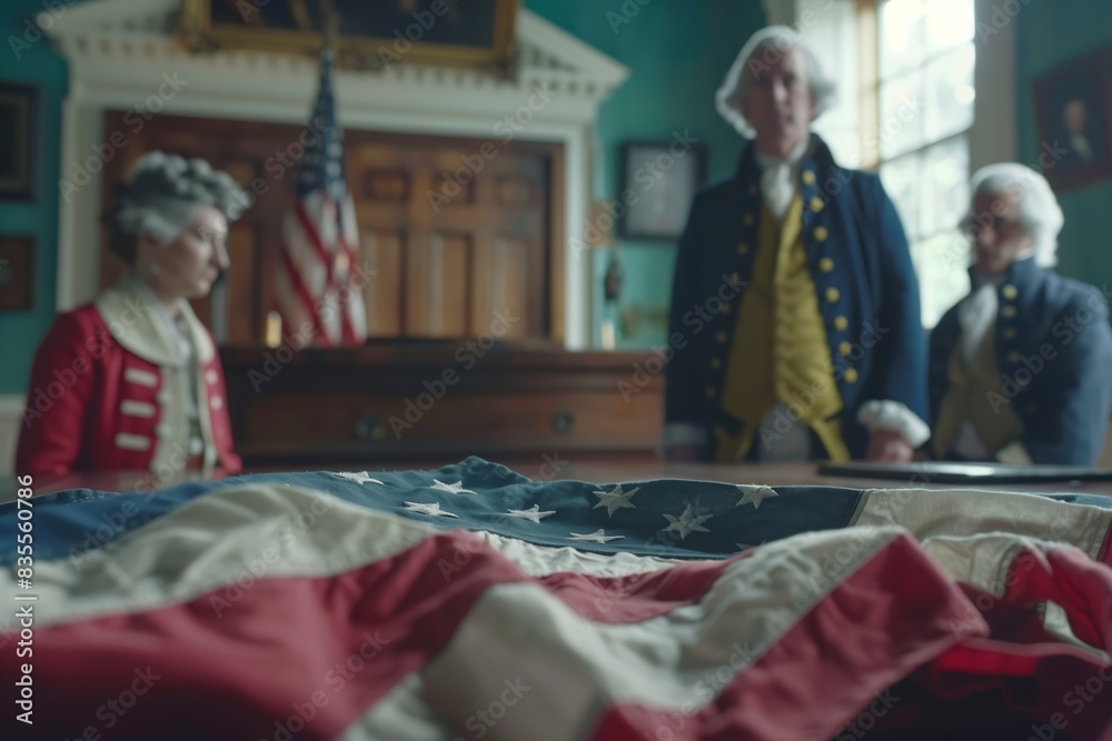 A detailed scene depicting a historical reenactment of the American ...
