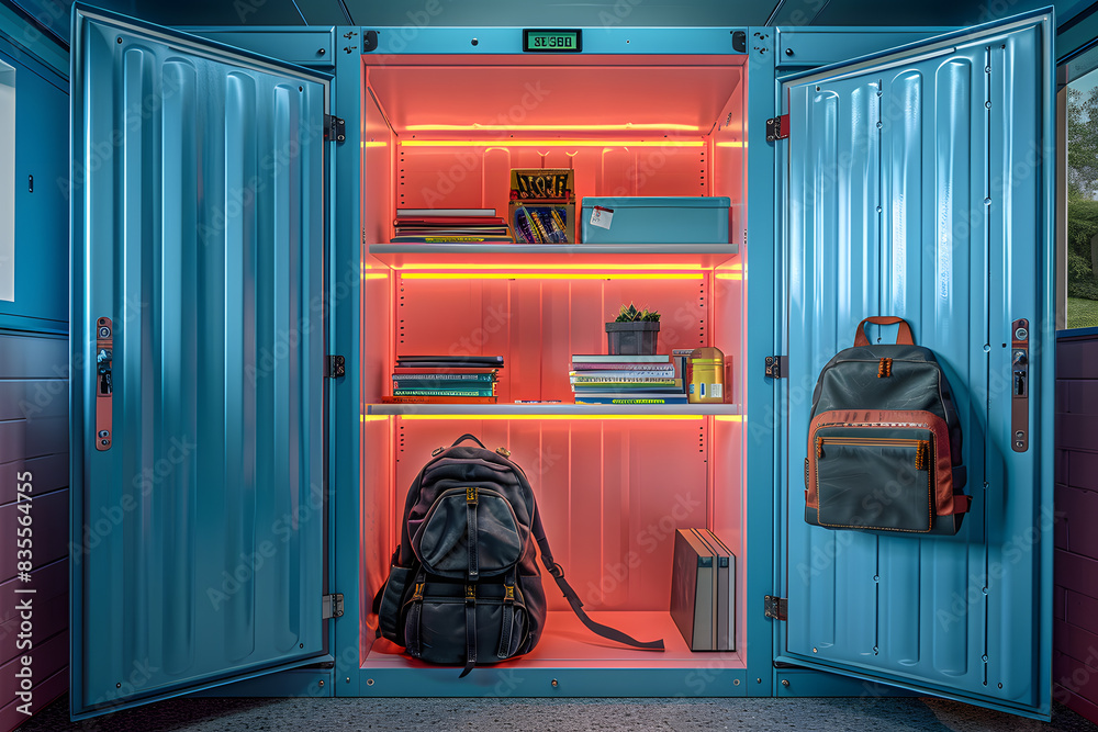 Inside of a brightly lit school locker with an open door. The locker ...