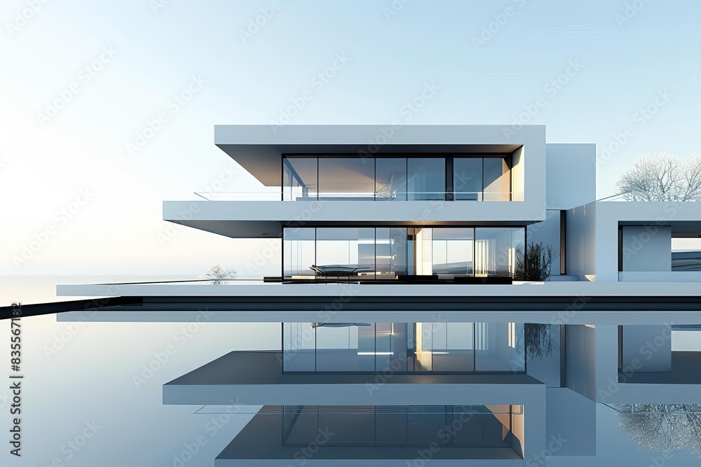 sleek architectural model house on reflective surface modern design ...