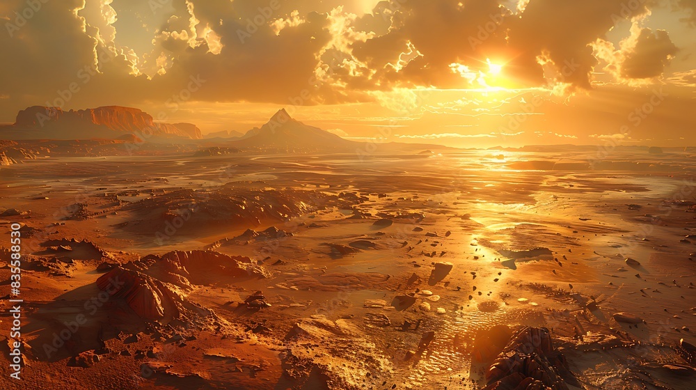 panoramic view of the Martian landscape with Olympus Mons and Valles ...