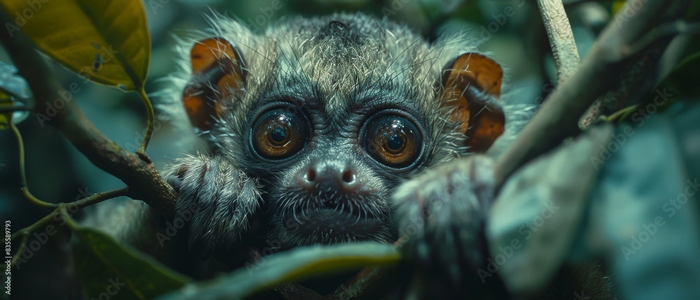 In the canopy, the slow loris’s large eyes scan the night as it moves ...