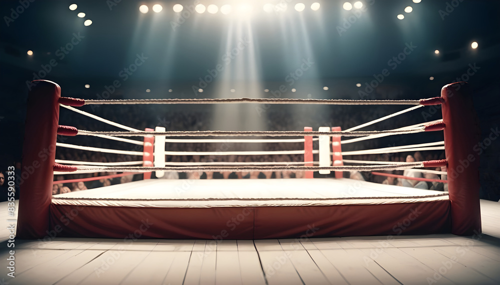 Classic boxing ring with spotlights Shining light on the center of the ...