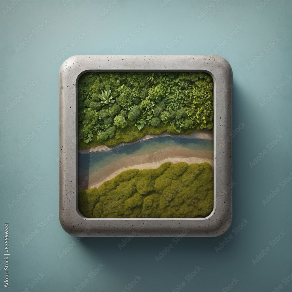 ui ux 3D realistic icon with aerial Island river nature grass and ...