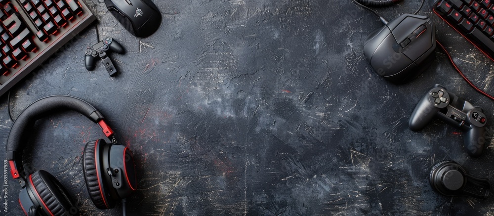 Black gaming table with keyboard, mouse and headset on dark gray ...