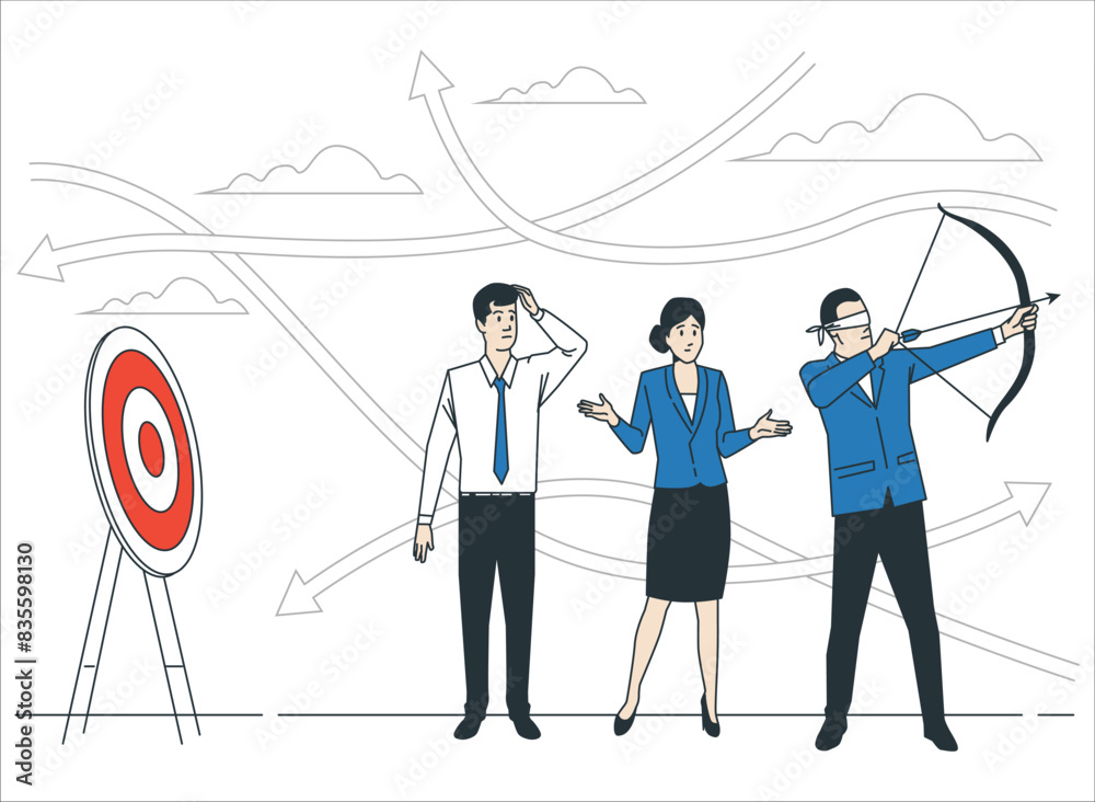 Businessman trying to shoot target with blindfold. Vector on concept of ...