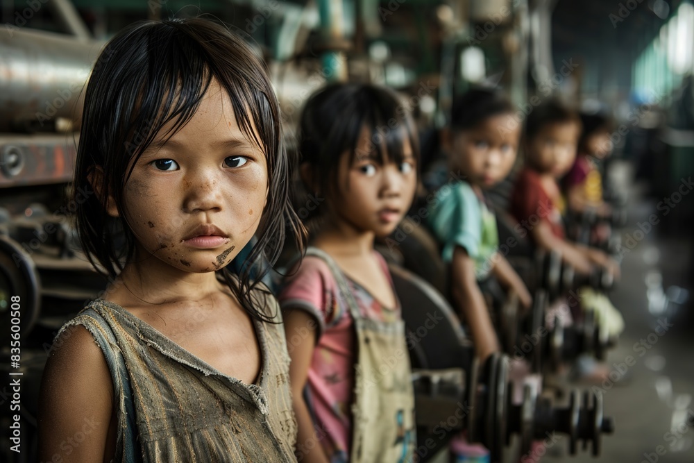 Group portrait of young asian children forced into labor, working in a ...