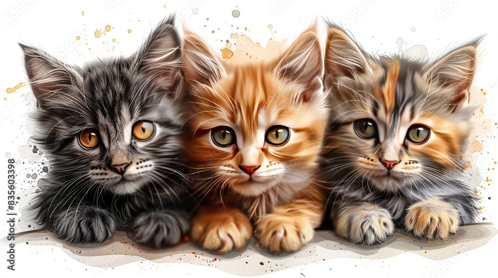 Three cute kittens in a row on a white background with watercolor paint ...
