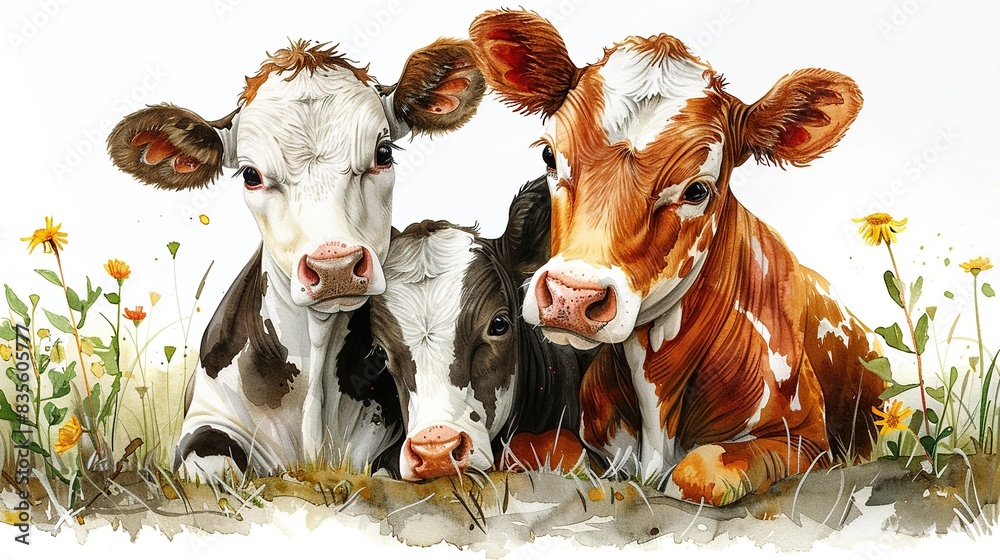 Three watercolor cows with various markings laying in front of a white ...