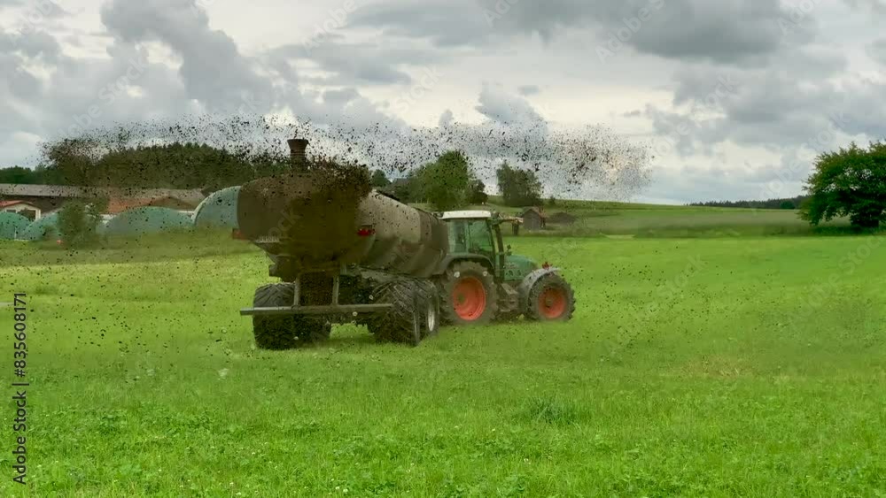 A farm tractor sprays its manure from the tanker onto a field. Manure ...