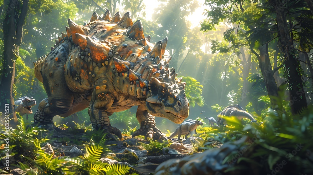 Ankylosaurus defending itself from a predator in a dense forest with ...