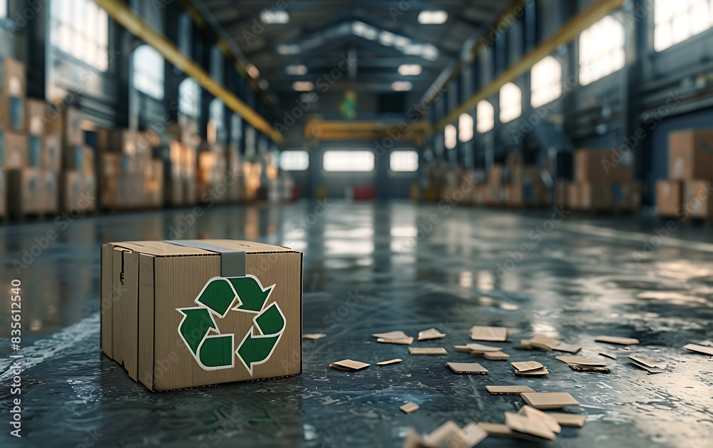 Futuristic warehouse featuring an eco-friendly cardboard box with a green recycling symbol ...