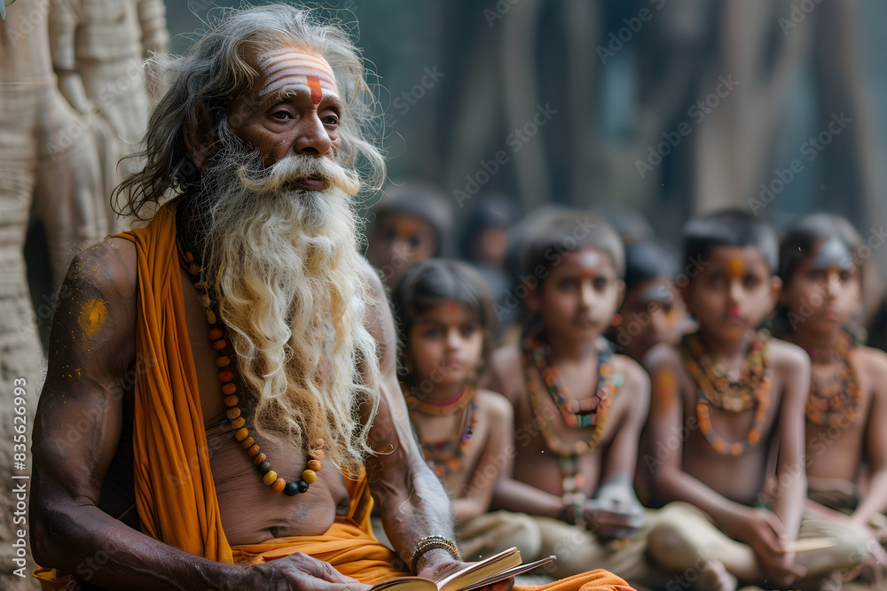 An old Hindu rishi educates young people in ancient India. It portrays ...