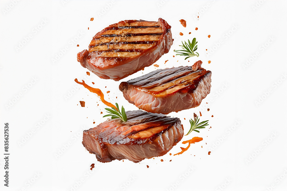 Grill Pork Chops Beef steaks, realistic 3d brisket flying in the air ...