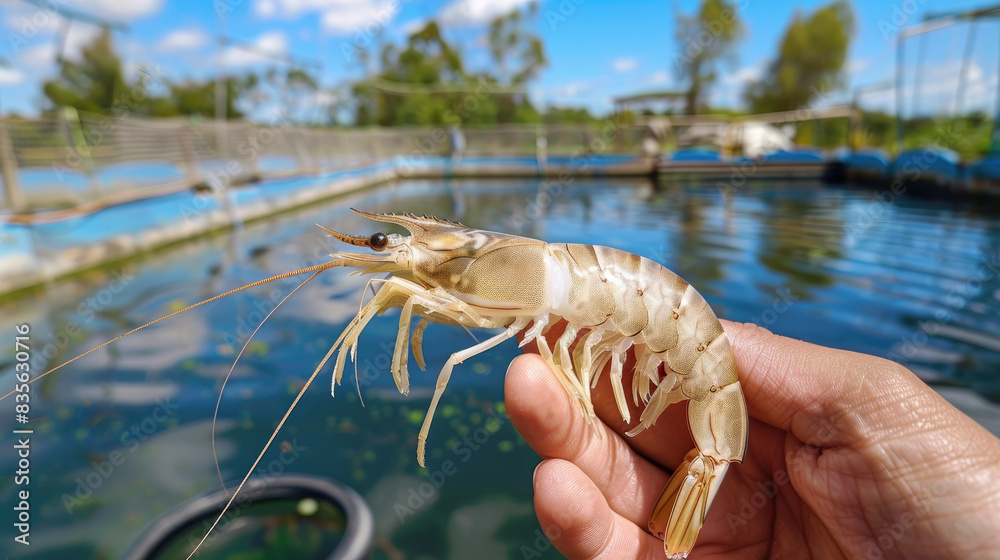 farmer holding white vannamei prawn with his hand, modern shrimp ...