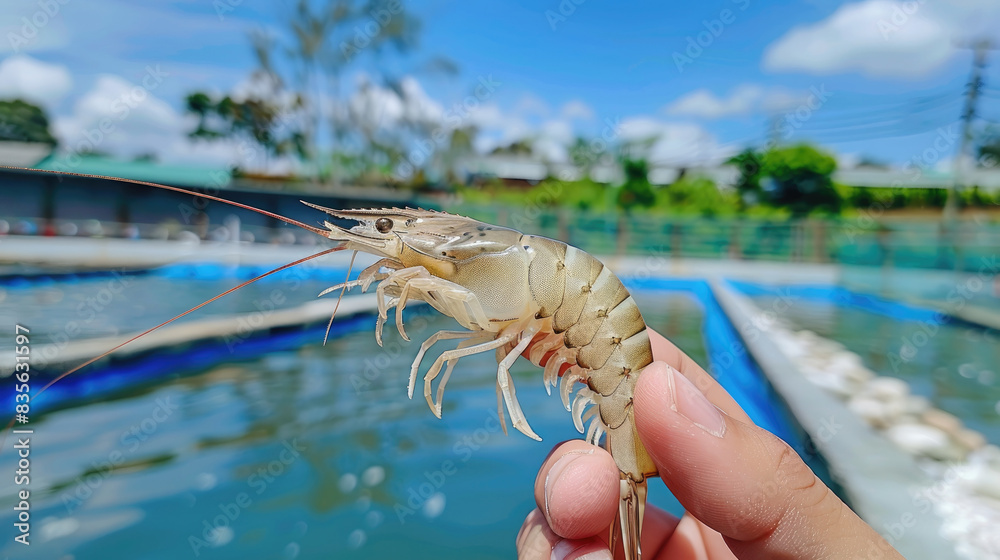 farmer holding white vannamei prawn with his hand, modern shrimp ...