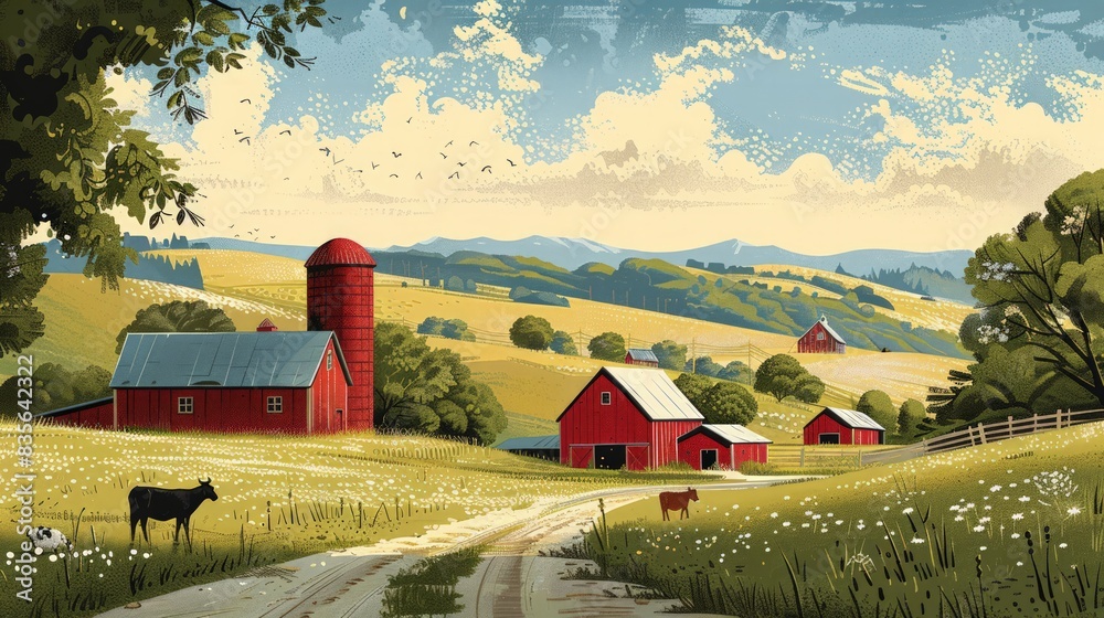 Rustic Farmhouse Scene: Illustrate a rustic farmhouse scene with barns ...